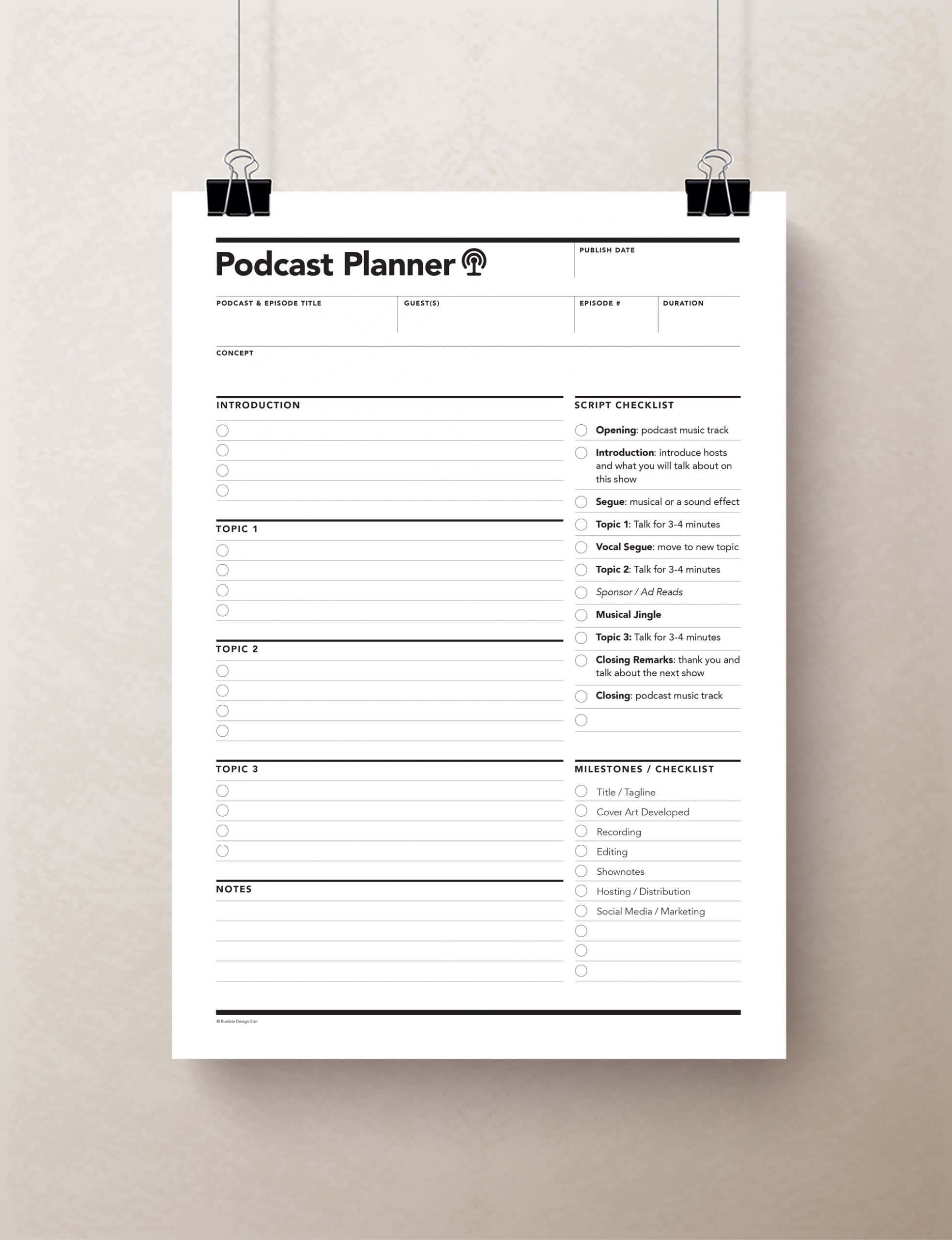 Podcast Content Planner Worksheet Rumble Design Store